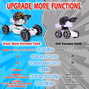 VWAHNANA 4 Head RC Tank Cars That Shoots Nerf Bullets, Bubble, Spray, Nerf Tank Remote Control Car for Boys 6 7 8 9 10 11 12 Year Old, RC Stunt Car Chase Light Control, LED Light, Music, Kids Toy Gift