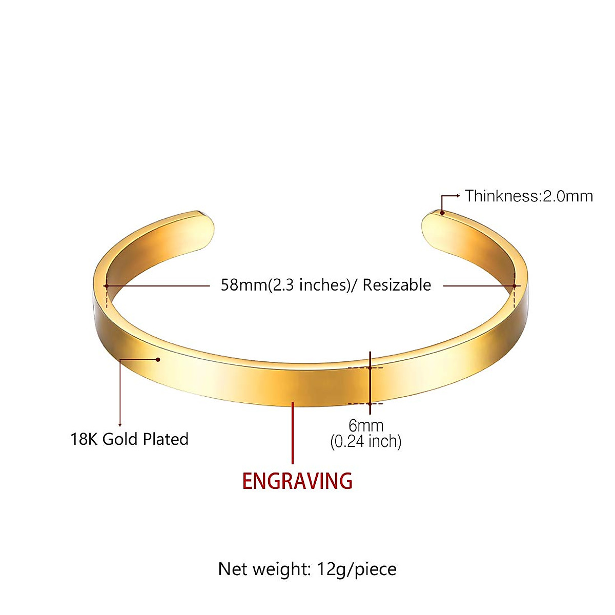 U7 Simple Cuff Bracelet 18K Gold 6mm Polished Men Women Bracelet Bangle (Diameter 2.3")