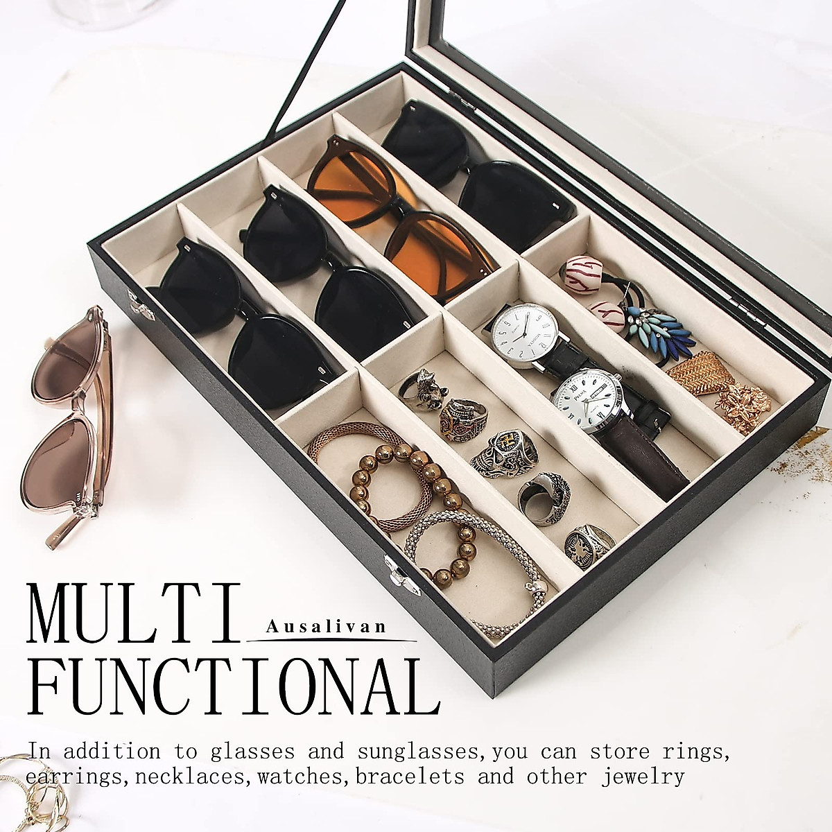 LongMen 8 Slot sunglass organizer case,sunglasses storage box, 5 Tier sunglass holder for multiple glasses, eyeglass display stand,sunglass rack For men and women