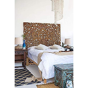 Balinese Hand Carved King Size Bed Headboard Reclaimed Wooden Panels Artwork Handmade Painted in Chiang Mai Thailand 72 Inches