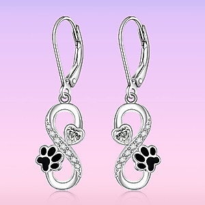Cat Dog Paw Print Earrings for Women Sterling Silver Valentine Infinity Heart Puppy Claw Leverback Drop Dangle Earrings Cute Animal Memorial Jewelry Valentines Day Gifts