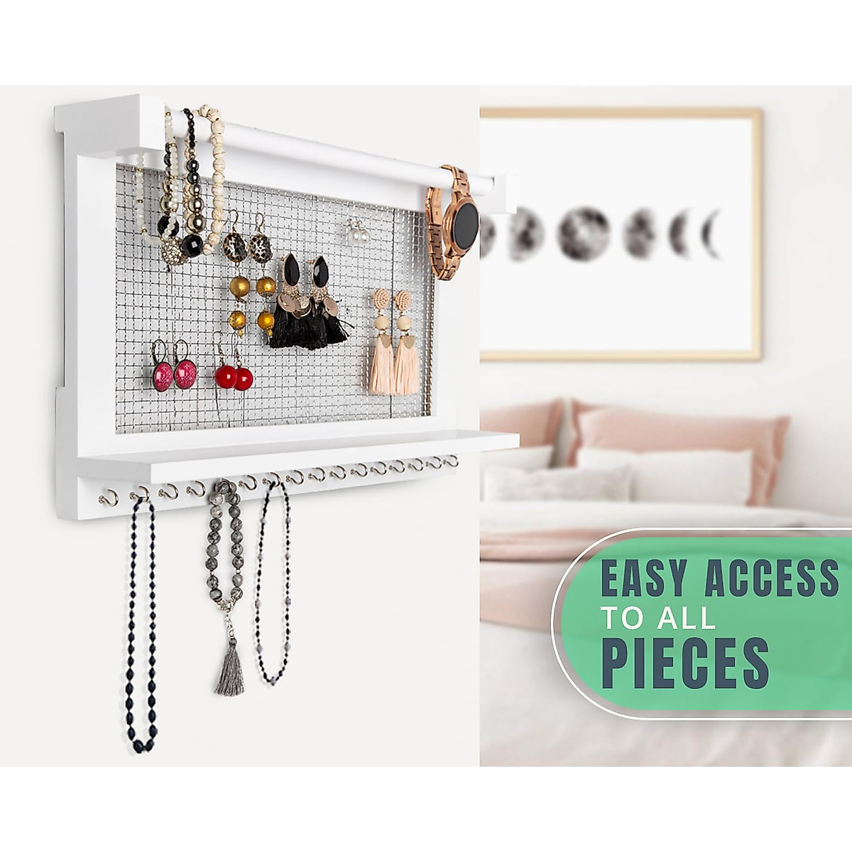 Comfify Rustic Jewelry Organizer - Wall Mounted Jewelry Holder w/Removable Bracelet Rod, Shelf & 16 Hooks - Perfect Earrings, Necklaces & Bracelets Holder - Pure White