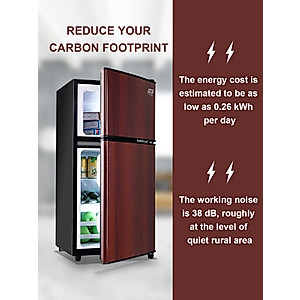 KRIB BLING 3.5 Cu.Ft Refrigerator 2 Door 7 Level Adjustable Thermostat Control Top-Freezer Refrigerator Lock Fresh Energy Saving Wood