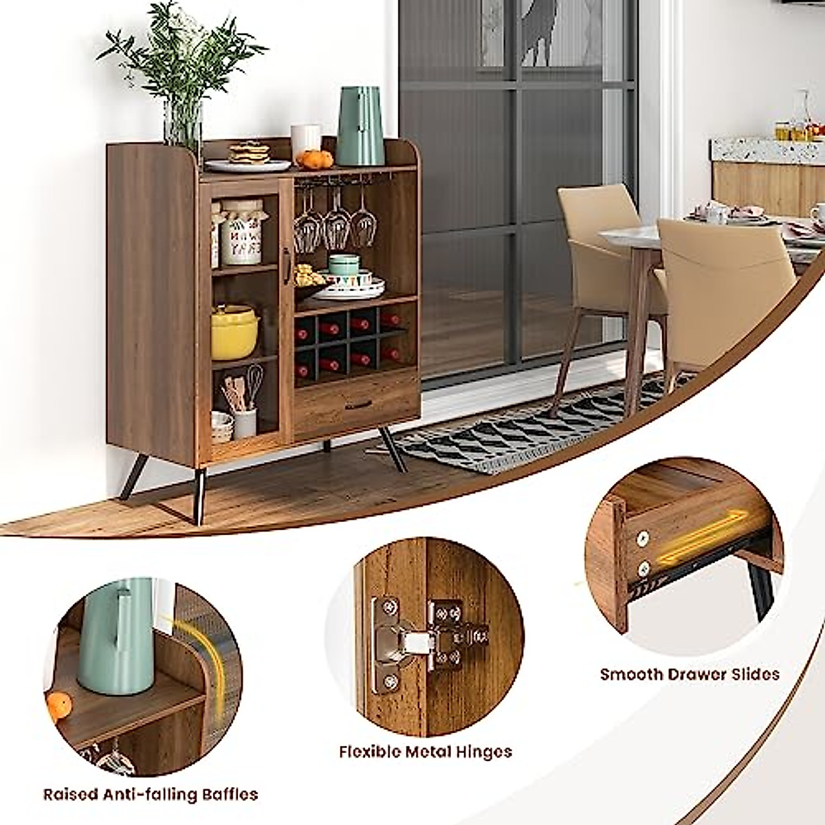 LOKO Wine Bar Cabinet, Farmhouse Coffee Bar Cabinet with Tempered Glass Door, 3-Row Glass Holder & 8-Grid Wine Rack, Buffet Sideboard with Wine Display, Rustic Brown