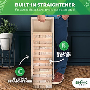 SWOOC Games - Giant Tower Game with 3-in-1 Straightener, Table & Storage Box - 90% Faster Set Up with Transforming Box & Straightener - Starts at 2-4ft - Grows to Over 6ft - Large Outdoor Yard Games