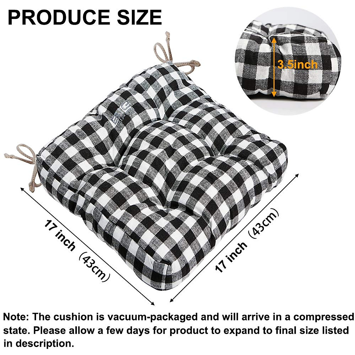 Big Hippo Chair Pad Tufted Chair Cushion for Indoor/Dining Chairs Kitchen Chair Pads with Ties Buffalo Check Chair Cushion Pad 17"x17", Black and White Plaid(2 Pack)