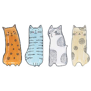 Bico Cartoon Cat Handcrafted Stoneware Ceramic 8 inch Appetizer Plates Set of 4, Assorted Color