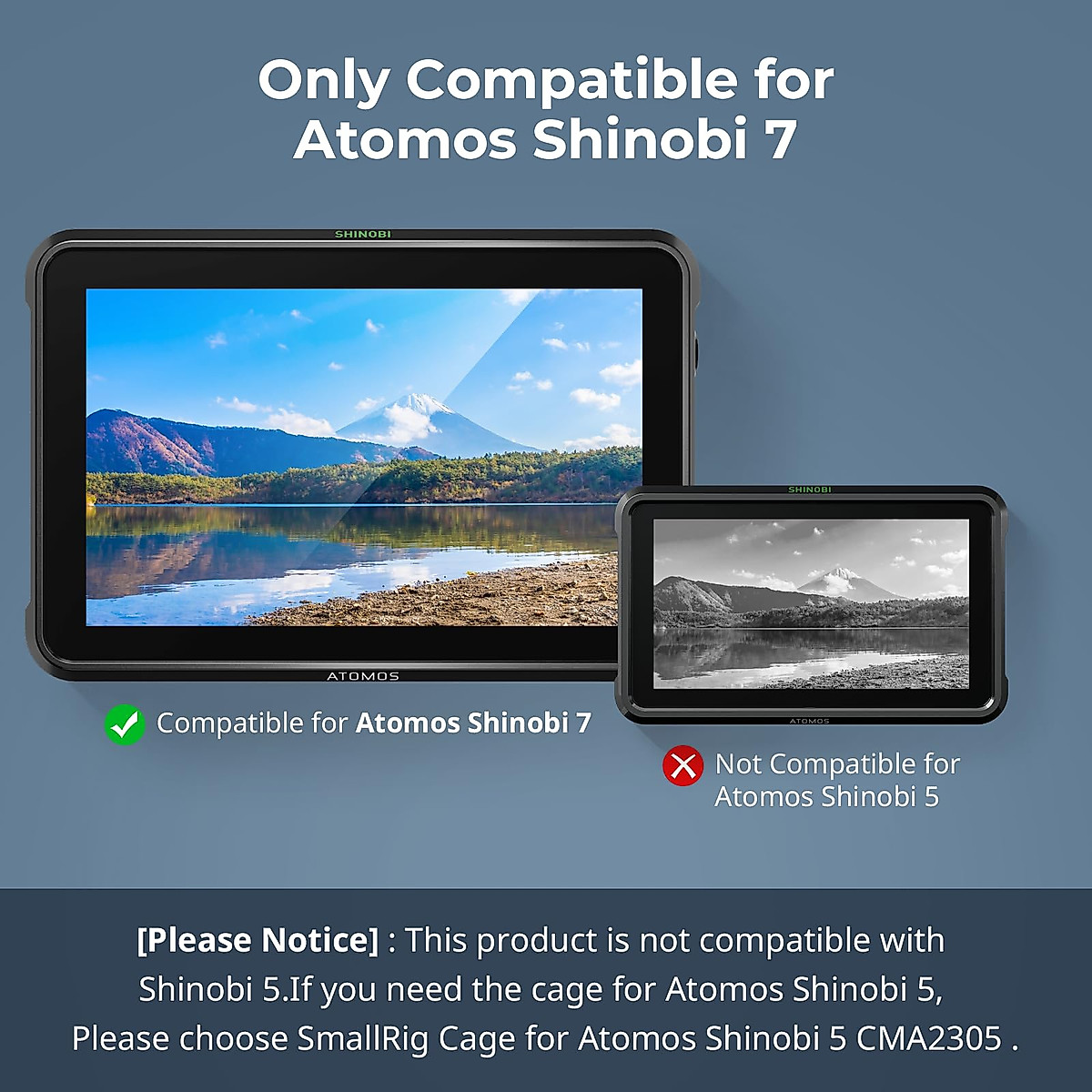 SmallRig Monitor Cage for Atomos Shinobi 7, Cage Kit with Cable Clamp, Built-in NATO Rail and Sun Hood （Not compatible for Shinobi 5）- 3456