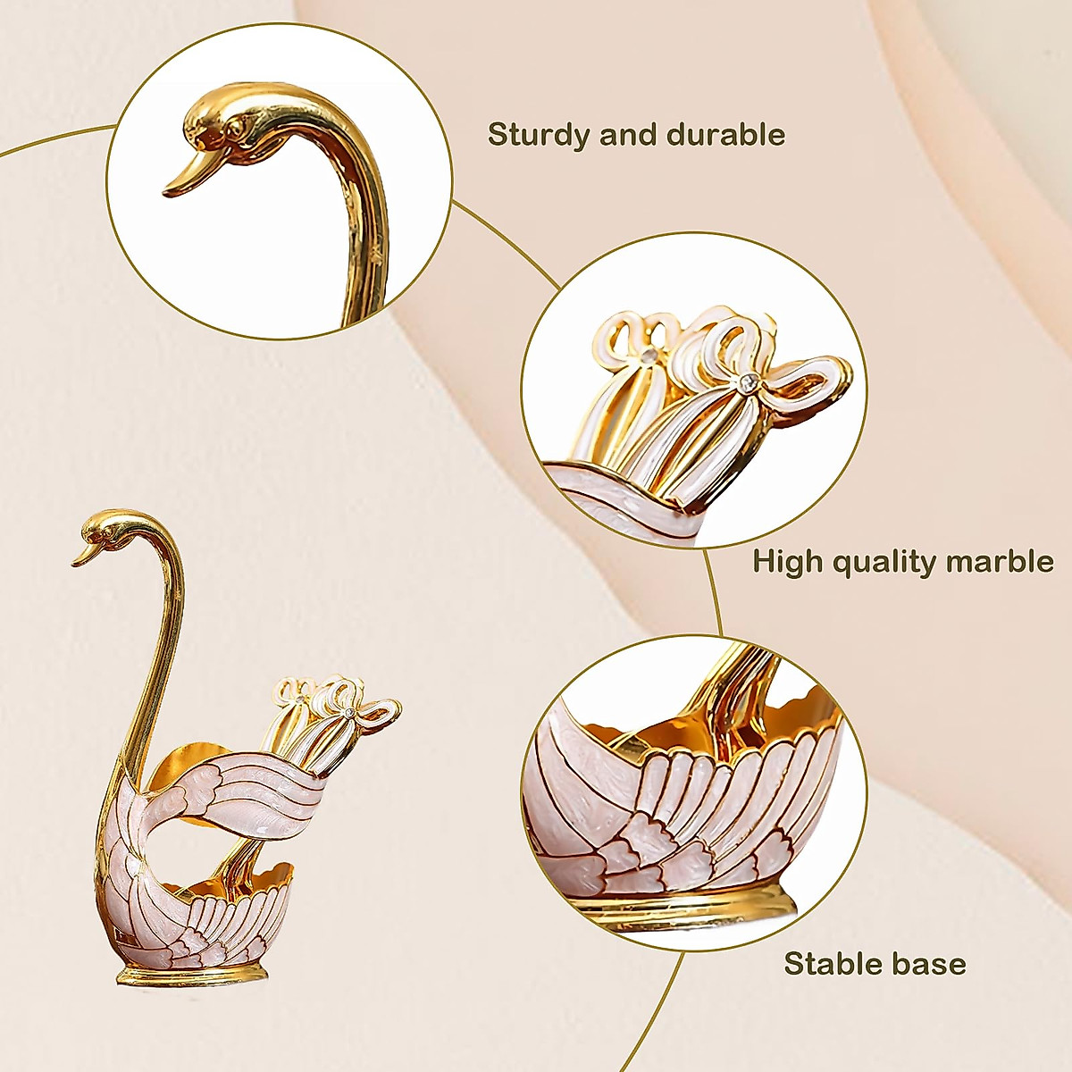 Decorative Gold Swan Base Holder with 6pcs Coffee Spoon Set - Creative Dessert Spoons,Gold