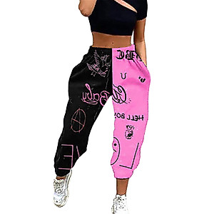 Mylleure Women Printed Baggy Sweatpants Pockets High Waisted Joggers Pants Contrast Color Sporty Workout Athletic Lounge Trousers (B Black + Pink Symbol, M)