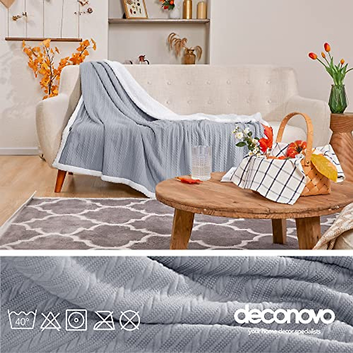 Deconovo Sherpa Bed Blankets for All Season Use - Grey Thick Warm Soft Throw Blanket for Travel, Bed, Couch, Sofa, 50x60 Inches, Grey