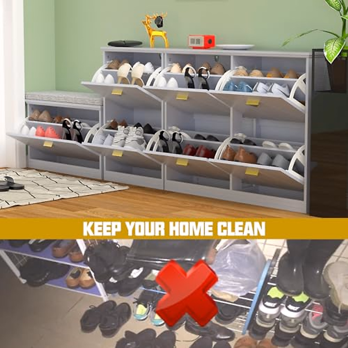 joibabe Shoe Cabinet with Flip Drawers, Shoe Bench with Removable Cushion, Free Standing Tipping Bucket Shoe Rack Organizer with Adjustable Shelf, Shoe Storage Cabinet