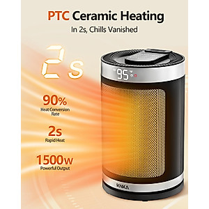 KNKA Space Heaters for Indoor Use, Portable Electric Heater with Thermostat, 90° Oscillation, 4 Mode, 12H Timer, 1500W Fast Safe Heating Ceramic Heater for Bedroom, Home, Office - ETL Certified, 9.4"