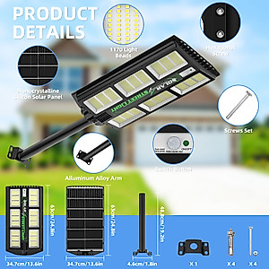 1200W Solar Street Lights Outdoor Waterproof with Remote Control, 1170 LEDS 6500K Solar Parking Lot Lights Dusk to Dawn, Waterproof IP65 Solar Street Light with Motion Sensor for Yard, Garage PACK