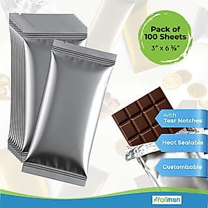 Foilman - Heat Seal Bags {Metallized} For Chocolate Bar Wrapping - Actual bags size 3 x 6 3/8 - Fits Bar Size 2.25 x 5.5 Inches (100 Pack) (Silver)