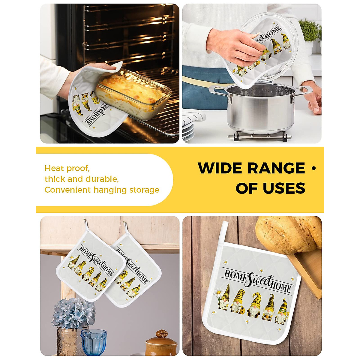 2 PCS Pot Holders for Kitchens Counter, Honey Gnomes Bee Comb Heat Insulated Podholders Oven Hot Pads for Cooking BBQ Baking Heat Proof Mat Spring Sweet Home White Daisy Floral Flower