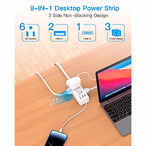 10Ft Extension Cord with Multiple Outlets, Flat Plug Power Strip Surge Protector with 10 Ft Long Cord, 6 Outlet 3 USB Ports (1 USB C), Multi Outlet Wall Plug for Travel, College, Dorm Room Essentials