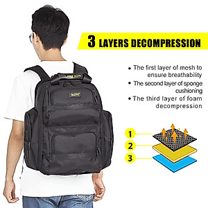 FASITE Tool Bag Backpack - Heavy Duty Professional Storage & Organizer for Contractor, Electrician, Plumber, HVAC, Large Front Flap Fit 13" -17" Laptops Notebook, Black