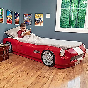 Step2 Roadster Toddler-to-Twin Bed – Red with White Stripe – Transition from Crib to Bed – Convertible – Adjustable to Fit Crib-Mattress & Twin Mattress – Car Bed – Classic, Vintage Styling (4301KR)