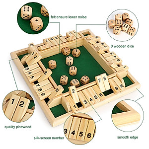 Aomola Shut The Box Dice Game Wooden Board Game for Kids Adults 8 Dice 4 Side 8.66 Inch Travel Game for 2 to 4 Players