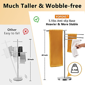 Freestanding Towel Rack, 40 Inch Tall Standing Towel Racks for Bathroom with Weighted Base, Modern Floor Towel Drying Holder Stand with 4 Swivel Arms, Stainless Steel, Chrome, YOFOVI
