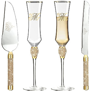 iooiluxry Wedding Cake Knife and Server Set, Bridal Shower Gifts for Bride Mr and Mrs Champagne Flutes Glass and Cake Cutting Set for Wedding Engagement Gifts (Gold)