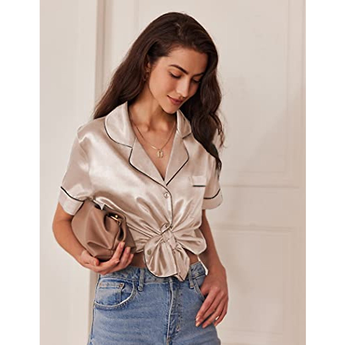 Ekouaer Satin Nightwear Women's Short Sleeve Silk Sleepwear Soft Button Down Loungewear Pjs Set(Champagne,X-Large)