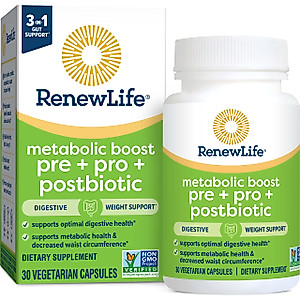 Renew Life Metabolic Boost Pre + Pro + Postbiotic; Prebiotics, Probiotics and Postbiotics Support Optimal Digestive Health and Metabolic Health; 30 Vegetarian Capsules*