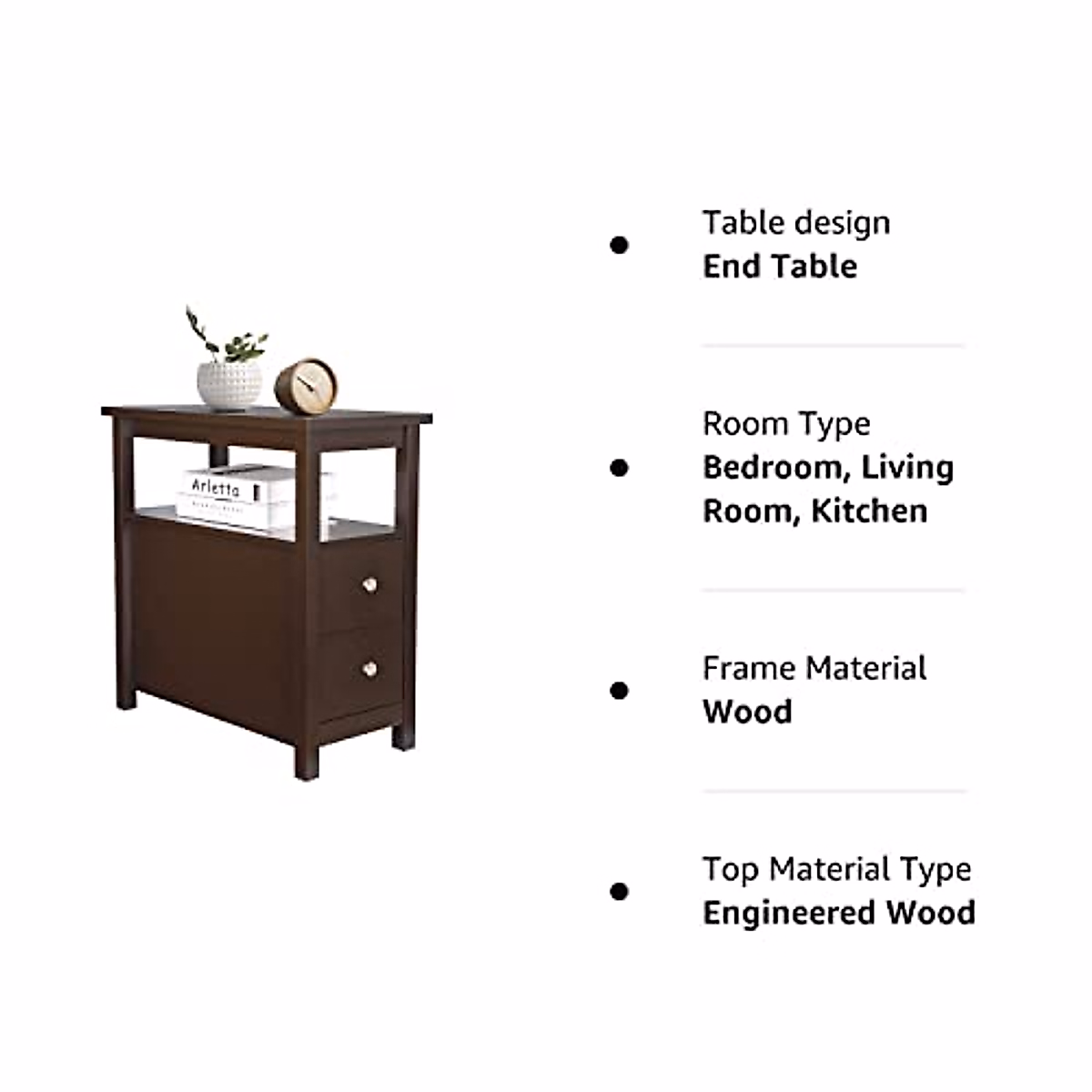ZENY Side Table Set of 2 Chairside Table Narrow End Table with Storage Shelf and Drawers Small End Table for Bedroom Living Room Kitchen,Wood,Espresso