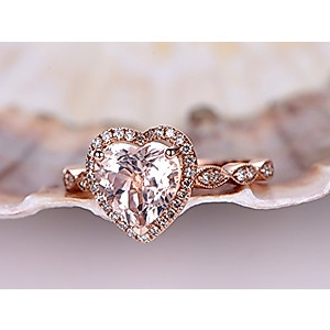 8mm Heart Shaped Cut Pink Morganite 14k Rose Gold Diamond Halo Marquise Engagement Ring Wedding Band