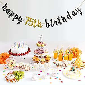 INNORU Happy 75th Birthday Banner, Black Glitter Cheers to 75 Years Party Bunting Decorations