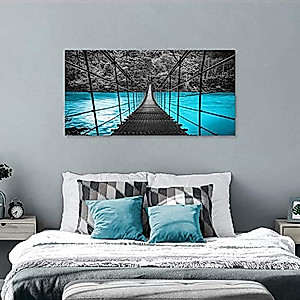Bridge River Canvas Wall Art: Teal Blue Picture Lake Decor Painting Turquoise Decoration Artwork For Bedroom Living Room 48"x24"