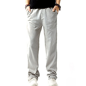 SIR7 Men's Linen Casual Lightweight Drawstrintg Elastic Waist Summer Beach Pants Light Grey 2L