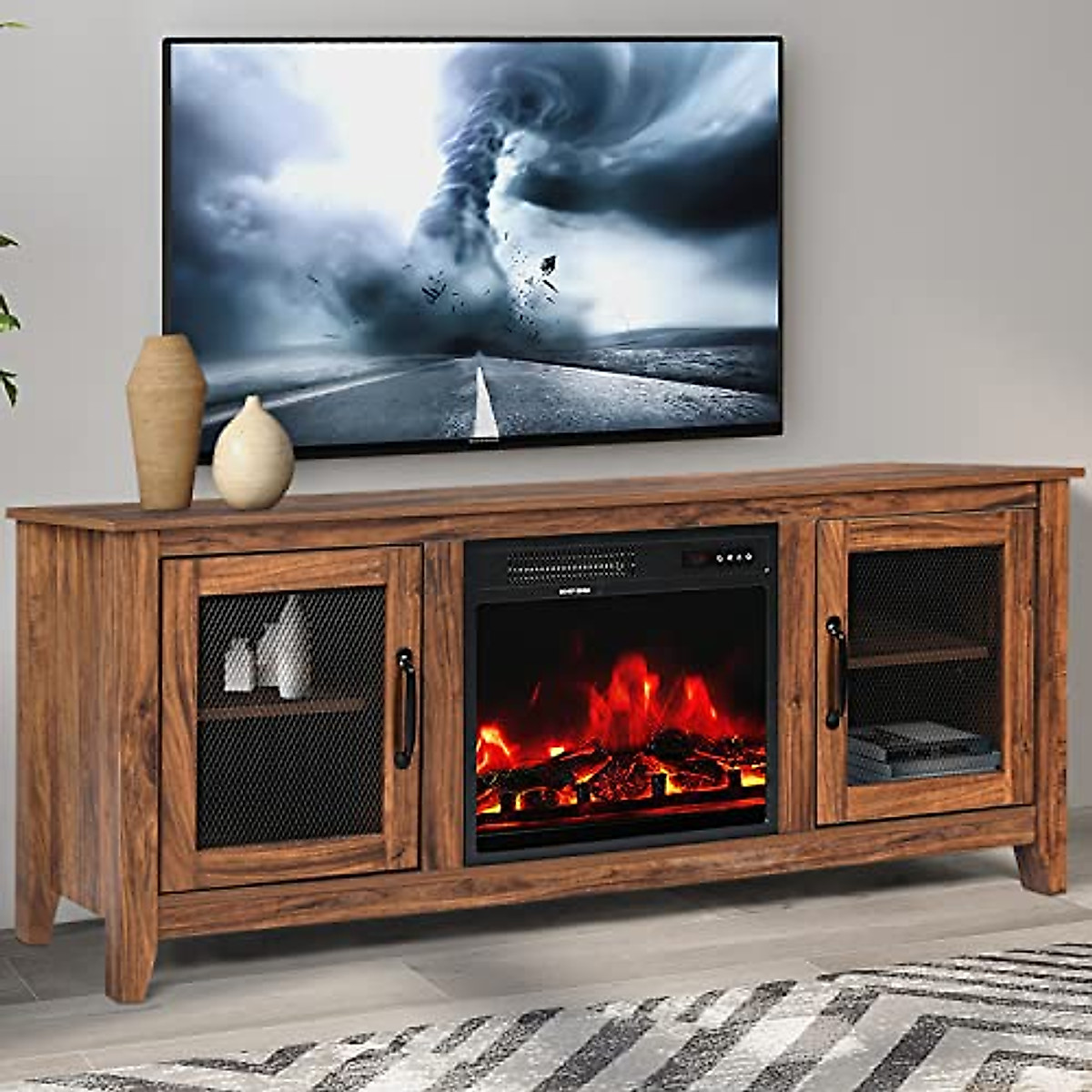 Vikiullf TV Stand with Electric Fireplace - Fireplace TV Console for TV up to 65", Home Entertainment Center with Storage Cabinet, Living Room TV Stands, Rustic Oak