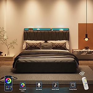 Queen Size Lift Up Storage Bed Frame, Height Adjustable Storage Headboard with Charging Station, LED Lights Upholstered Platform Bed, Wooden Slat Support, No Box Spring Needed, Noise-Free, Dark Grey