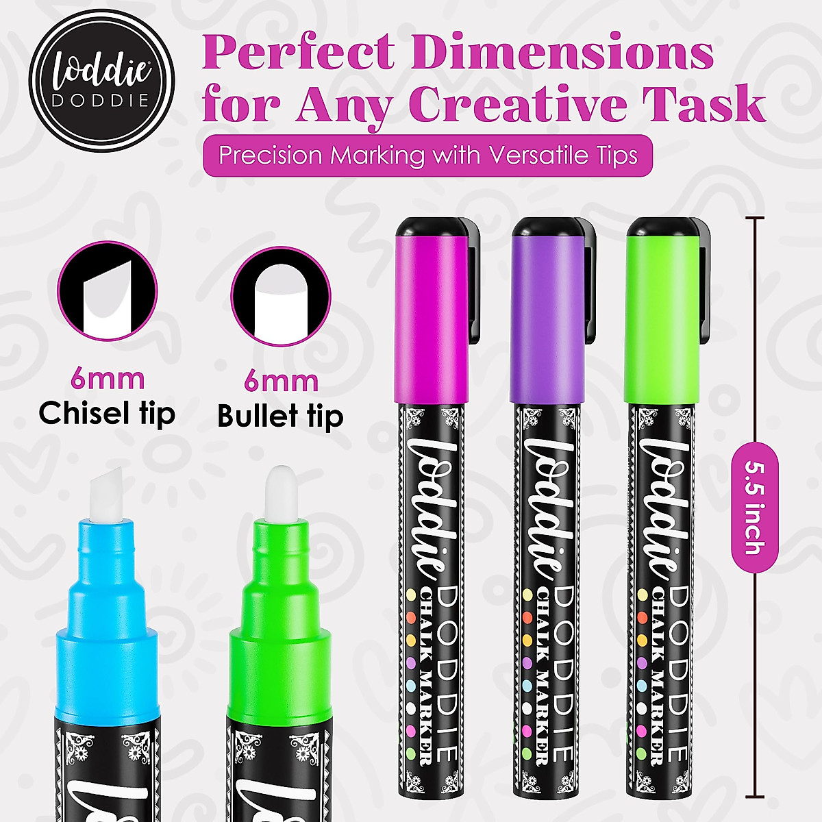 Loddie Doddie Liquid Chalk Markers | Dust Free Chalk Pens - Perfect for Chalkboards, Blackboards, Windows and Glass | 6mm Reversible Bullet & Chisel Tip Erasable Ink (Pack of 24)
