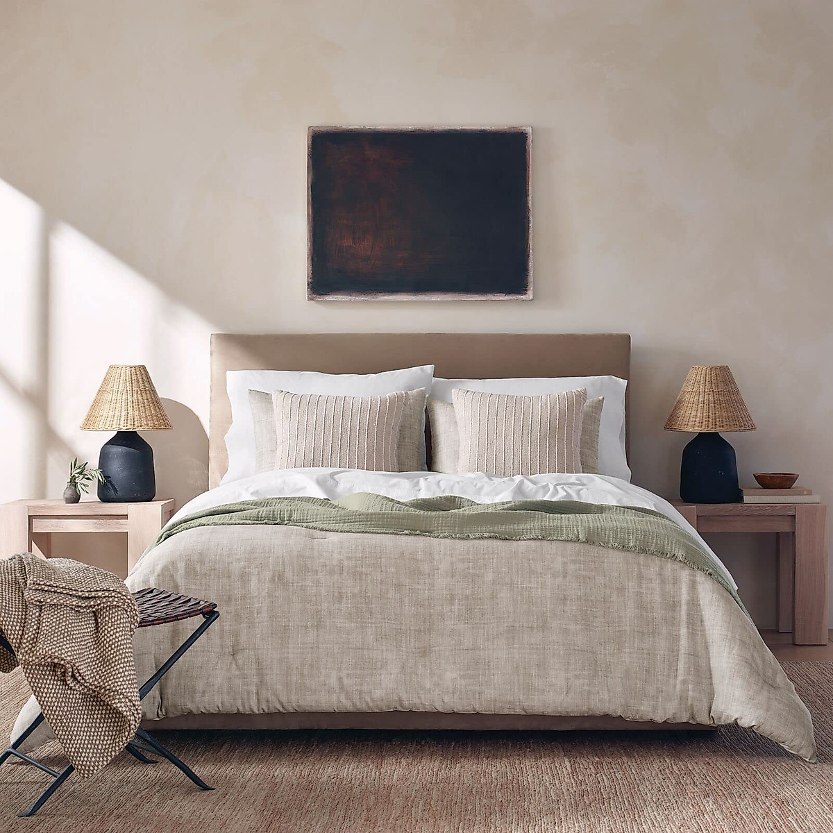 Nate Home by Nate Berkus 200TC 3-Piece Textured Print Duvet Cover Set | Crisp, Cool Bedding from mDesign - Full/Queen Size - 1 Duvet Cover, Hidden Button Closure/2 Pillow Shams, Fossil (Beige)