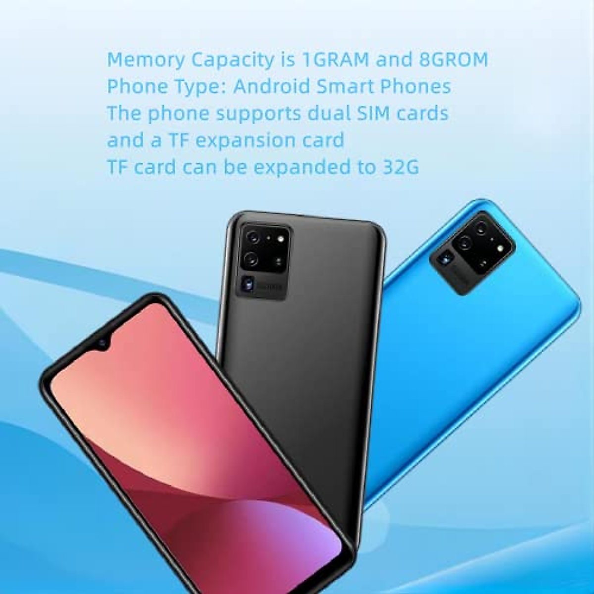 aderroo 6.52in Screen,H314 Unlocked Cell Phone，1G RAM, 8G ROM，Supports 3GWCDMA : 850/2100MHZ SIM Card Frequency Band，Front and Rear Camera ，Android Smartphone（Blue）