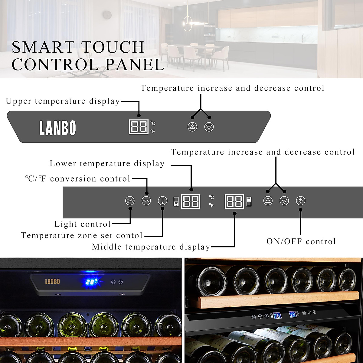 Lanbo Triple Zones Compressor Built-in Wine Cooler with Safety Lock, 149 Bottles