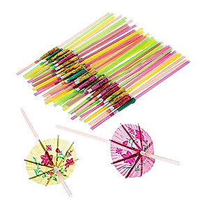 100 Pcs Disposable Umbrella-Shaped Straws Flexible Bendable Table Decor Straws for Hawaiian Tropical Drinks Soft Drinks Cocktail Bars Restaurants Luau Party Supply Beverage Decorations