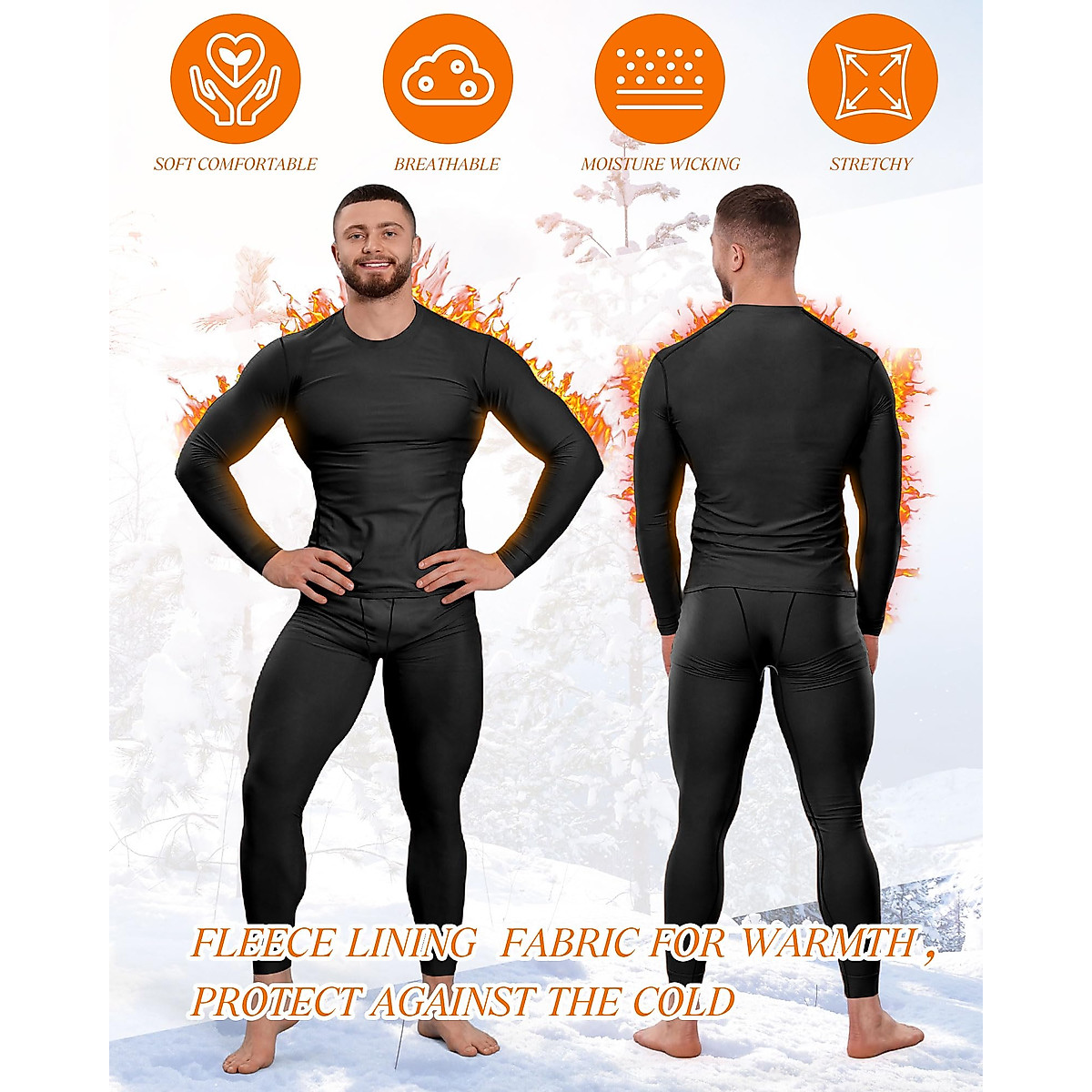 Didaey 3 Set Winter Thermal Underwear for Men Cold Weather Fleece Lined Top Bottom for Hunting Gear Sport(Black, Black Grey, White, Large)