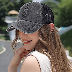 HH HOFNEN Ponytail Hats Womens Washed Distressed Baseball Cap High Ponycaps Cotton Dad Hat with Ponytail Hole