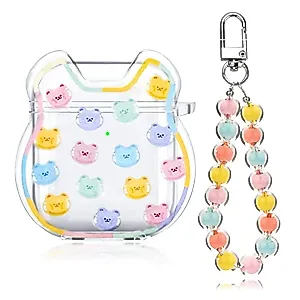Cute AirPod Cases Korea Funny 3D Bear Design with Coloful Round Bead Bracelet Clear Soft Protective Cover Compatiable with AirPods 1st & 2nd Generation for Women and Girls