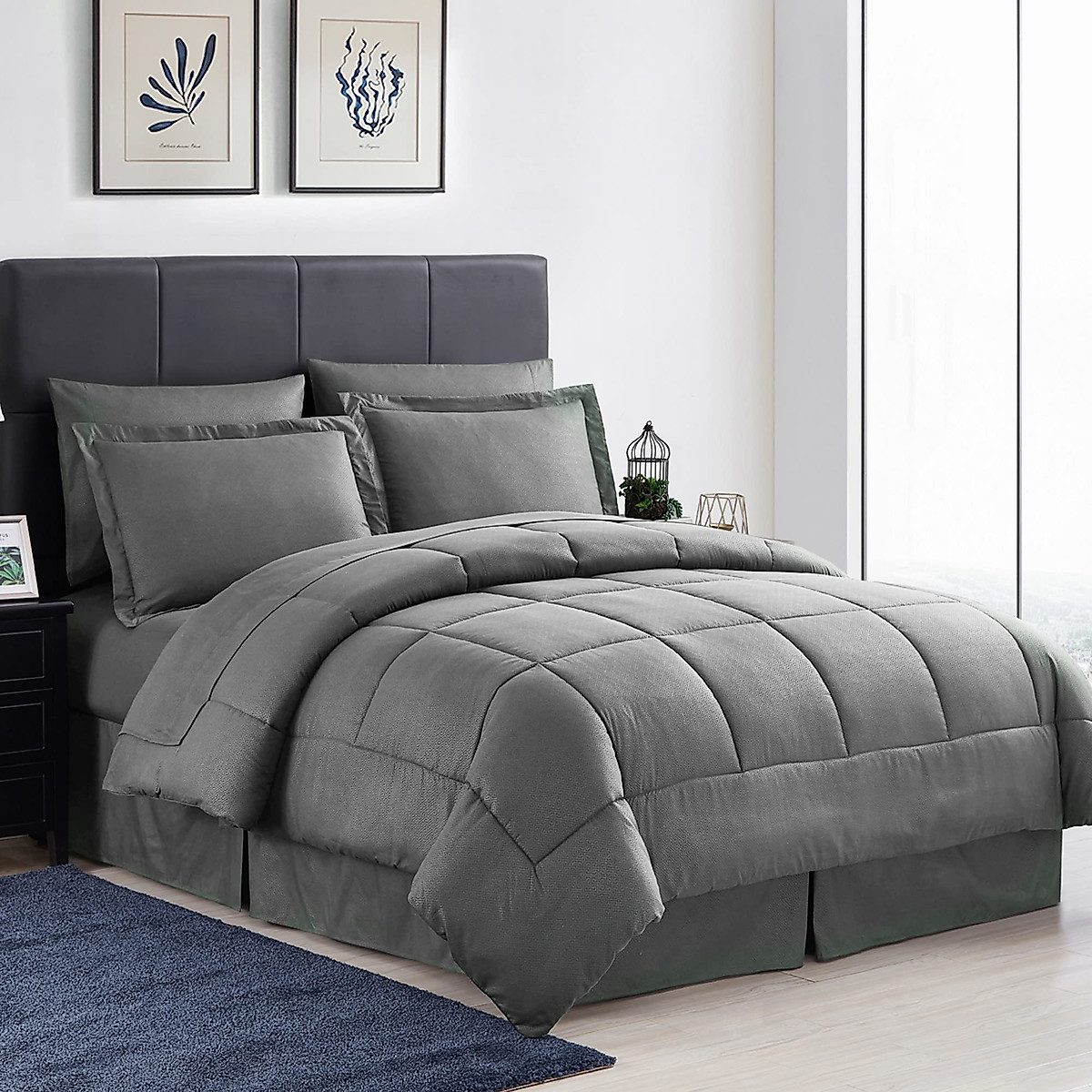 King Size Comforter Set 8 Piece Bed in a Bag with Bed Skirt, Fitted Sheet, Flat Sheet, 2 Pillowcases, 2 Pillow Shams, King, Greek Key Gray