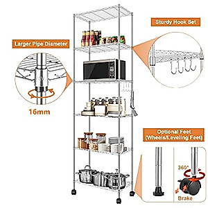 Devo Shelves for Storage Rolling Wire Rack, Shelf with Wheels Shelving Units and Storage, Metal Standing Shelves, 21" L * 11" W * 63" H, Silver