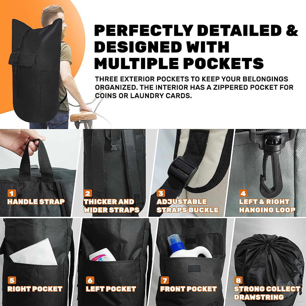 Twira 125L Backpack Laundry Bag, Large Laundry Bag with Adjustable Padded Strap, Travel Laundry Bag with 4 Pockets, Laundry Backpack with Drawstring Closure for College, Apartment (Black)