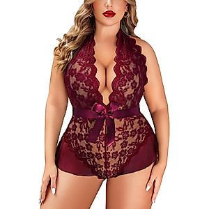 Avidlove Women's Plus Size Lace Babydoll Bodysuit One Piece Lingerie Sexy Halter Teddy Dark Red 18 Plus