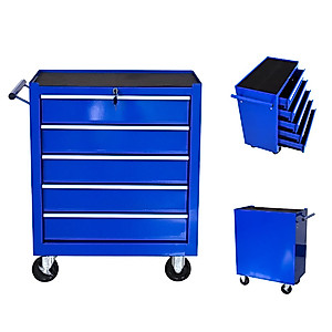 HPDMC Rolling Garage Workshop Tool Organizer 5 Drawer Tool Chest, Tool Storage Cabinet for Garage Storage with 4 Wheels and Locking System, Blue