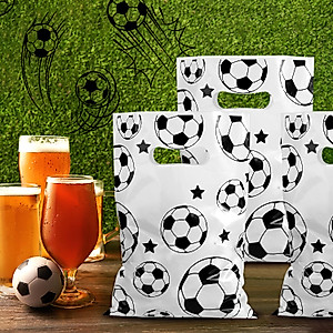 PEUTIER 50pcs Soccer Gift Bags, Plastic Soccer Party Bags Soccer Goodie Goody Snack Treat Candy Bags Soccer Present Party Favor Bags for Team Kids Teens Games Sports Events Supplies (White)