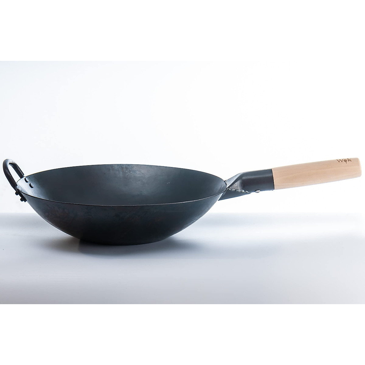 Craft Wok Black13 Flat Pre-Seasoned Hammered Carbon Steel Wok with Wooden and Steel Helper Handle (13 Inch, Flat Bottom)